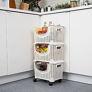 Mind Reader 3-Tier Stackable Containers Rolling Plastic Bins, Storage Baskets, Ivory