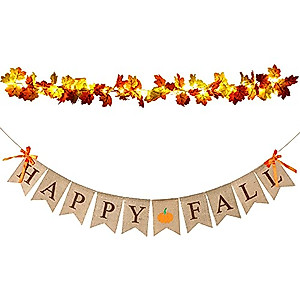 Thanksgiving Maple Leaf Garland Artificial Fall Foliage Garland and 20 LEDs String Light and Happy Fall Burlap Banner Thanksgiving Pumpkin Bunting Flag Garland for Autumn Thanksgiving Window Decor