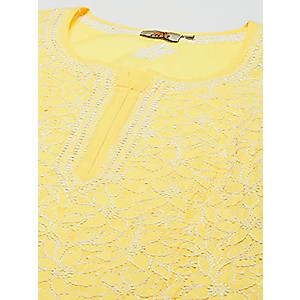 Ada Indian Hand Embroidered Chikankari Women's Cotton Straight Tunic Kurti Kurta A411345 (Yellow, 5XL)