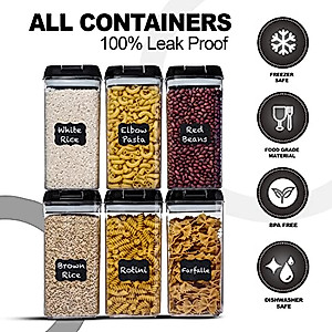 Shazo Airtight Food Storage Container (Set of 6) - BONUS Measuring Cup - Labels & Marker - Durable Plastic - BPA Free - Clear with Improved Lids (Black) - Air Tight Snacks Pantry & Kitchen Canisters