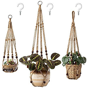 Mkono 3 Pack Macrame Plant Hangers Indoor Different Size Hanging Planter Basket Flower Pot Holder with Beads No Tassels 35"/29"/23", Medium, Brown