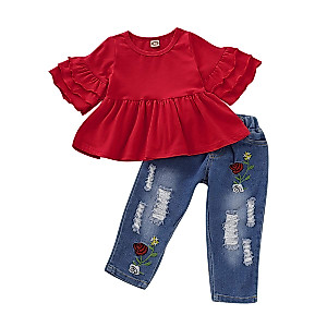 NZRVAWS Baby Girl Clothes 18 Months Toddler Clothing Infant Jeans for Kids 24 Months Ruffle Outfits Fall Winter Shirt Tops + Floral Denim Jeans Pants