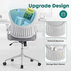Office Chair - Ergonomic Flip-up Arm Home Office Computer Swivel Desk Chair with Wide Seat, Thickened Seat Cushion, Widened Backrest, Storage Back Basket, Lumbar Support