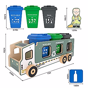 DUKVSG Large Wooden Garbage Truck Toy, Waste Management Recycling Truck Toy with 3 Trash Cans, Educational Toys and Gift for Kids, Toddlers, Boys, Girls 3 4 5 6 7 Years Old