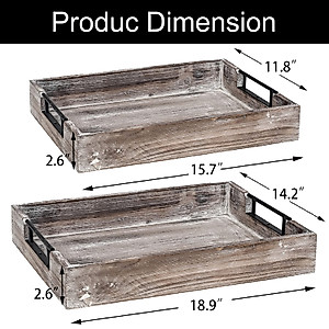 Adeco Rustic Wood Serving Trays Set | Nesting Wooden Tray with Black Sleek Metal Handles | Vintage Wood Platters for Kitchen, Dining Room, Living Room| Large:18.9X2.6X14.2” - Small:15.7X2.6X11.8”
