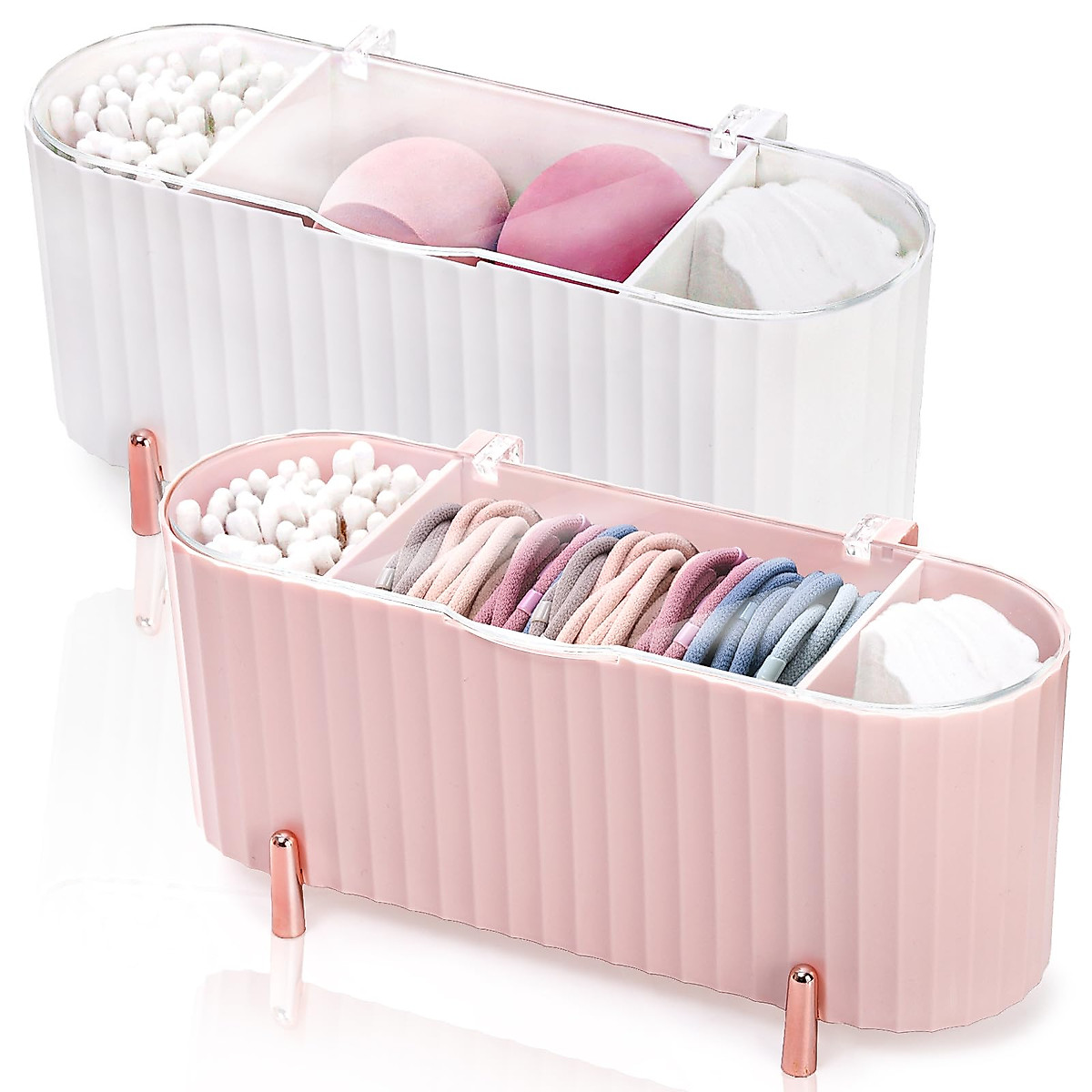 ZOOFOX 2 Pack Qtip Holder Dispenser, Cotton Pads Holder with Clear Lid, Adjustable 3-Grid Bathroom Canisters for Cotton Ball, Swab, Round Pads, Floss, Perfume, Lipstick