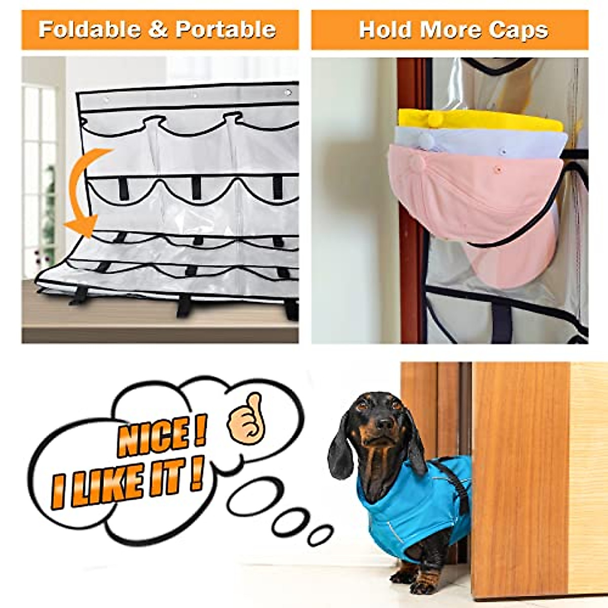 YOUHODA Hat Racks for Baseball Caps with Fixed Velcro, 24 Pockets Over-the-door Hat Organizer with 3 Hooks, 21 Curve Cap Holder & 3 Deep Storage Pockets, Gray