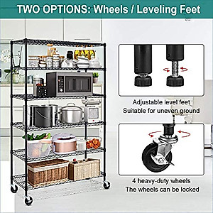 6 Tier Wire Rack Storage Shelves Metal Shelf Wire Shelving Unit with Wheels Heavy Duty NSF Utility Shelves Height Adjustable Kitchen Garage Shelf Racks, 82"x 48"x 18", Black