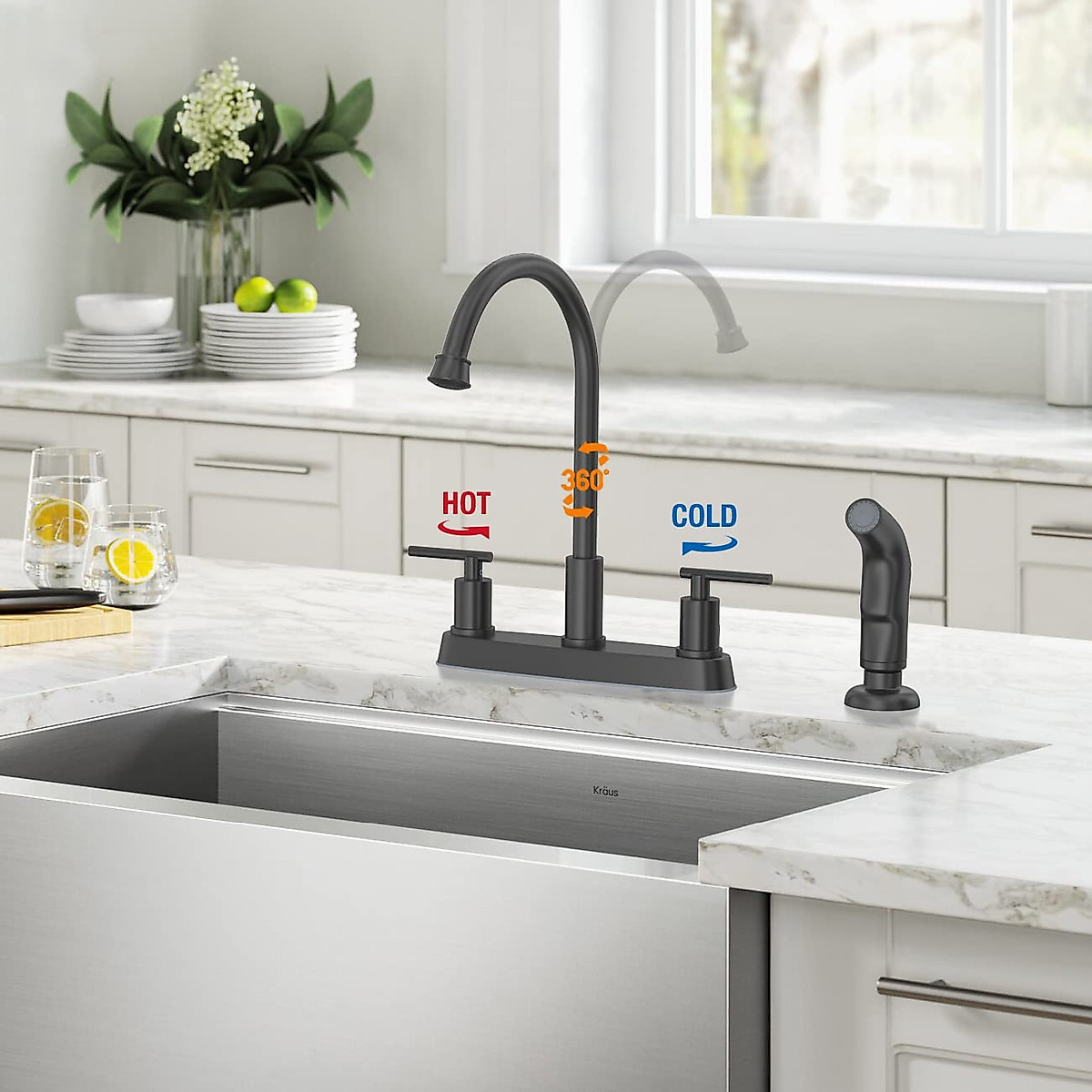 GOWIN Matte Black Kitchen Faucet,2 Handle Kitchen Sink Faucet with Side Sprayer,3 or 4 Hole Kitchen Faucet for Rv Camper Sinks,High Arc Stainless Steel Centerset Faucet