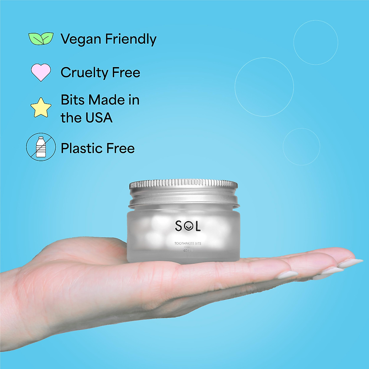 Sol Teeth Whitening Eco Friendly Toothpaste Tablets, Zero Waste Toothpaste Bits, Travel Friendly Reusable Glass Jar, Plastic Free, Vegan, Fluoride Free, Clean Fresh Breath, Mint Flavor Tabs, 60 Tablet