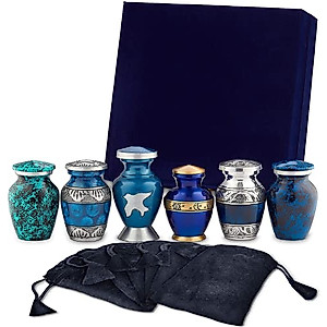 Fedmax Small Urns for Human Ashes Adult Male or Female - Mini Urns - Cremation Keepsakes with Velvet Box - Memorial Urn and Ash Storage (Blue, 6 Count (Pack of 1))