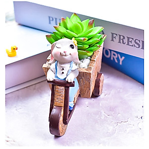 Cute Little White Rabbit Cycling Flower Pot with Drainer Garden Flower Pot Resin Succulent Potted Bonsai Plant Stand Home Desk Mini Ornaments Without Plants