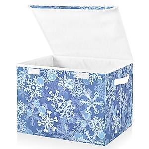 Krafig Snowflakes Decorative Storage Box with Lid Large Bins Baskets Foldable Cube Organizer Collapsible Containers for Organizing, Toy, Home, Shelf, Closet