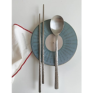 cozymomdeco Korean Made Silver Glossy Hammered Stainless Steel Korean Spoon & Chopstick SET (2SET)