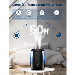 Ultrasonic Cool and Warm Mist Humidifier,Grelife Smart Humidifiers with 5L Removeable Water Tank&Remote,Essential Oil Diffuse,360° Nozzle,Auto ShutOff,Up to 50 Hours Super Quiet for Bedroom&Large Room