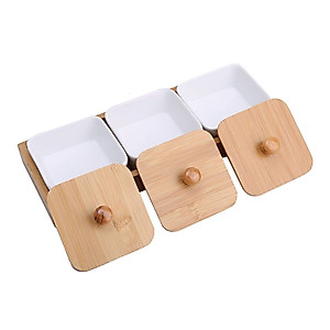 Ceramic Snack Serving Tray Compartment Serving Platter with Bamboo Lid and Pallets Removable Container Food Storage for Appetizer Condiments Nuts(3 Grid)