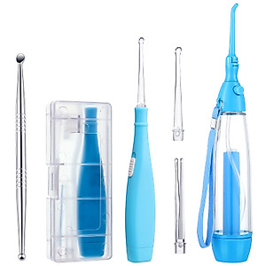 Patelai Tonsil Stone Remover Kit, 1 Manual Pump Type Low Pressure Irrigator Oral, 1 Tonsil Stone Remover with LED Light, 1 Stainless Steel Tonsil Stone Removal Tools to Get Rid of Bad Breath(Blue)