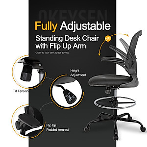 Drafting Chair Tall Office Chair, Standing Desk Chair with Flip-Up Arm, Ergonomic Mesh Computer Chair with Adjustable Foot Ring for Conference Room, Executive Rolling Swivel Stool for Office & Home.