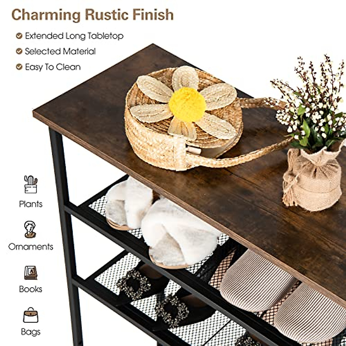 COSTWAY Shoe Rack, 5-Tier Free Standing Shoe Storage Organizer with Wooden Top, 4 Metal Mesh Shelves for 16-20 Pairs Shoes, Adjustable Protecting Feet for Entryway, Hallway, Rustic Brown and Black