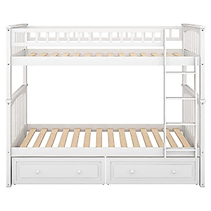 GLORHOME Twin Over Twin Wood Convertible Bunk Bed with Storage Drawers and Full Length Safety Guard Rails,Space Saving Bedroom Furniture, Can Be Converted into 2 Beds