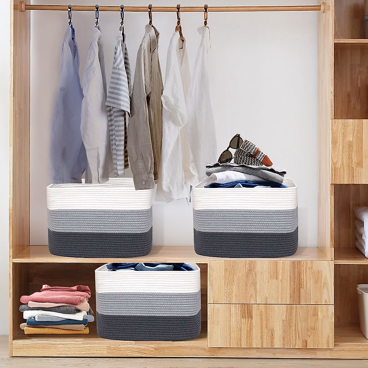 ArcaGuru Cotton Rope Basket, Rectangle Woven Baskets for Storage, Blanket Basket Living Room, Storage Basket with Handles for Book, Clothes for Organizing, 18.1”x14.2”x11.8”, Gradient Gray