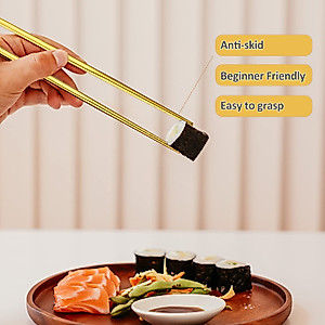 OIULO Gold Stainless Steel Chopsticks - Reusable Chopsticks - 5 Pairs Dishwasher Safe Metal Chopsticks - Easy to Use - Pressure Line Lightweight Chop Sticks- Gift Set（9 Inch ）