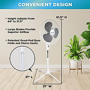 Comfort Zone CZST185WT 18" 3-Speed Oscillating Pedestal Fan with Adjustable Height and Tilt, 90-Degree Oscillation and Quad-Pod Folding Base, White