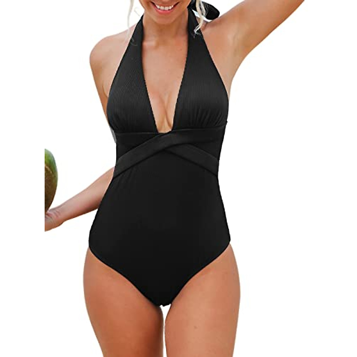 CUPSHE One Piece Swimsuit for Women Ribbed Bathing Suit Deep V Neck Halter Wrap Front Backless Solid Swimwear M, Black