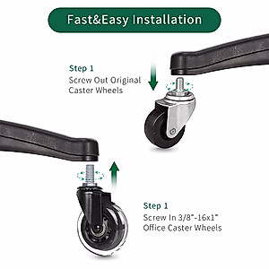 8T8 3" Office Chair Caster Wheels Heavy Duty, Set of 5, 3/8"-16x1" (Not Metric M10), Threaded Stem Casters with Nylon Nuts, Replacement PU Rubber Wheels, Safe for Hardwood Tile Floors