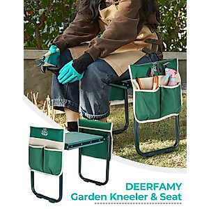 DEERFAMY Garden Stool 10.2" Width, Garden Kneeler and Seat Load Cap 350 lbs, Heavy Duty Gardening Stool with Extra Kneeling Pad, 2 Tool Pouches, Claw Gloves, Gift for Women Seniors, Green