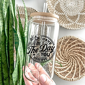 BIPEDS Funny Skeleton Glass Cups with Lids and Straws, Novelty Cute Skull Coffee Mug Tumbler Cup, Gothic Home Decor, Goth Kitchen Accessories, Emo Stuff, Spooky Witch Witchy Birthday Gifts for Women