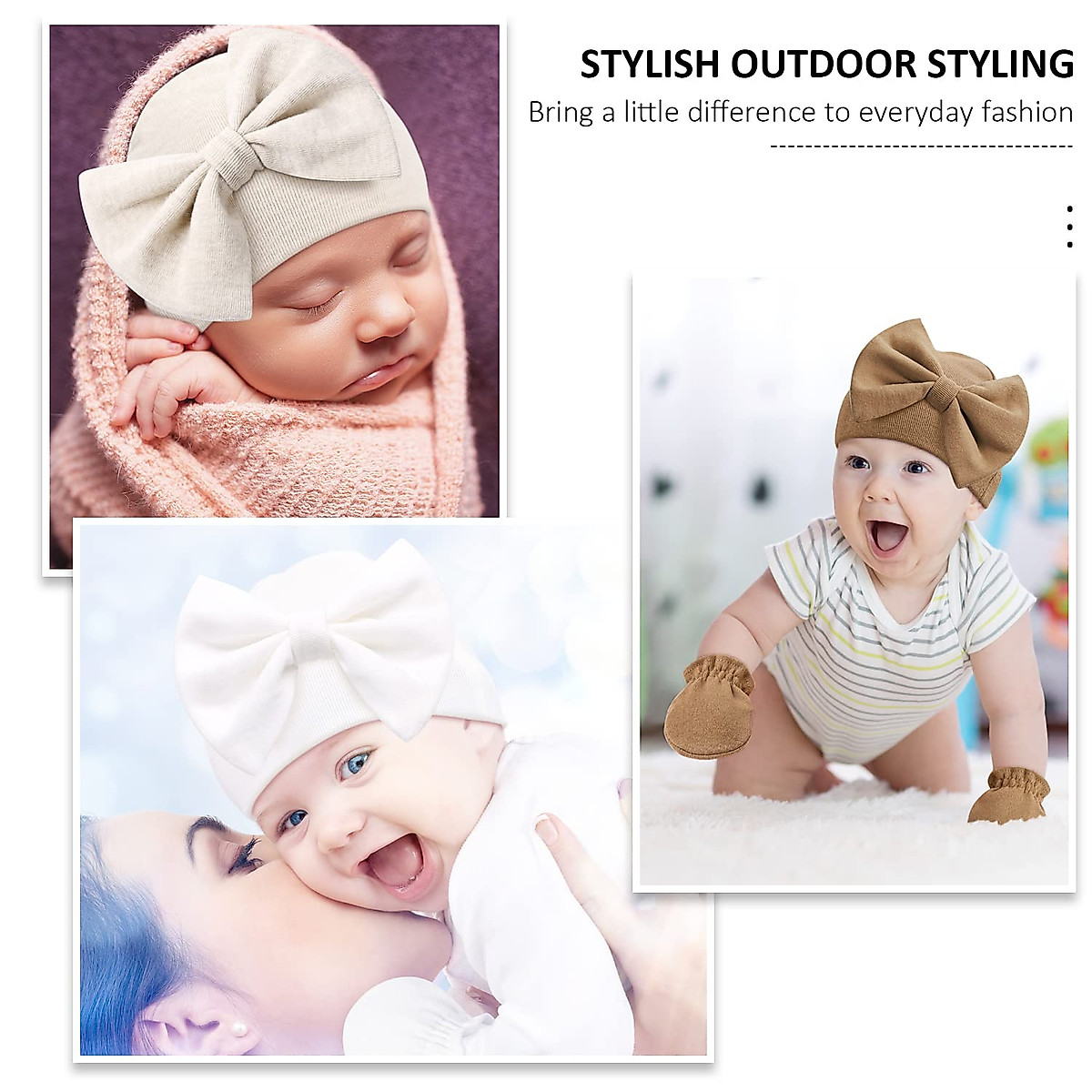 Newborn Hospital Hats Gloves Baby Infant Bow Beanie Cotton Caps No Scratch Hat Mittens Set for 0-6 Months