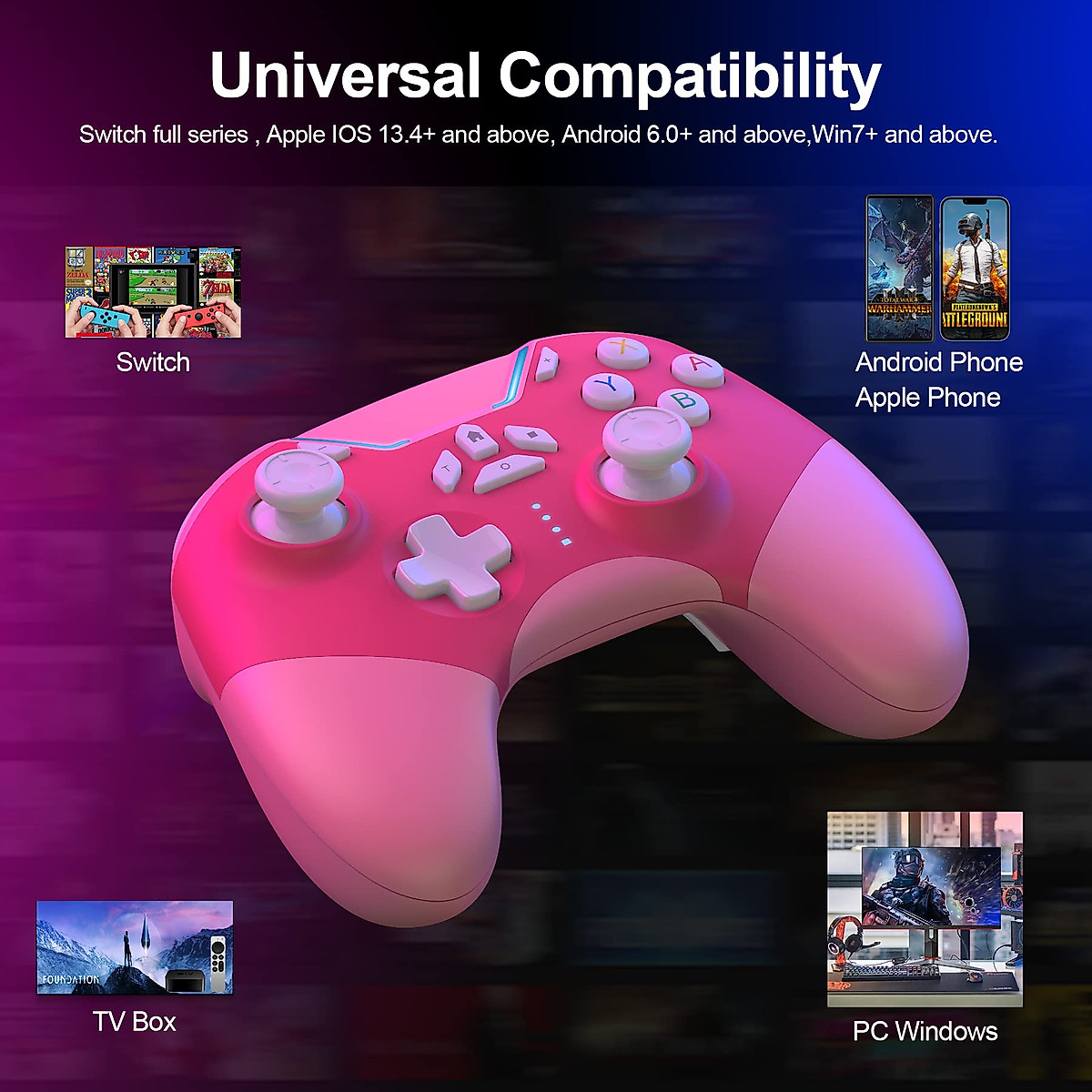 Paton Wireless Switch Controller for Nintendo Switch/Lite/OLED/Windows/Android/IOS Devices Controller, Bluetooth Controllers for Nintendo Switch with Vibration, Motion, Turbo and LED Light-Pink