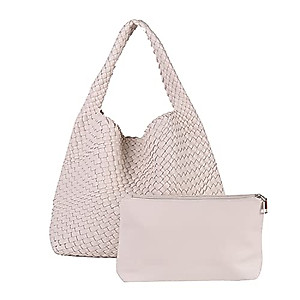 Women Vegan Leather Hand-Woven Tote Handbag Fashion Shoulder Top-handle Bag All-Match Underarm Bag with Purse (Creamy white)