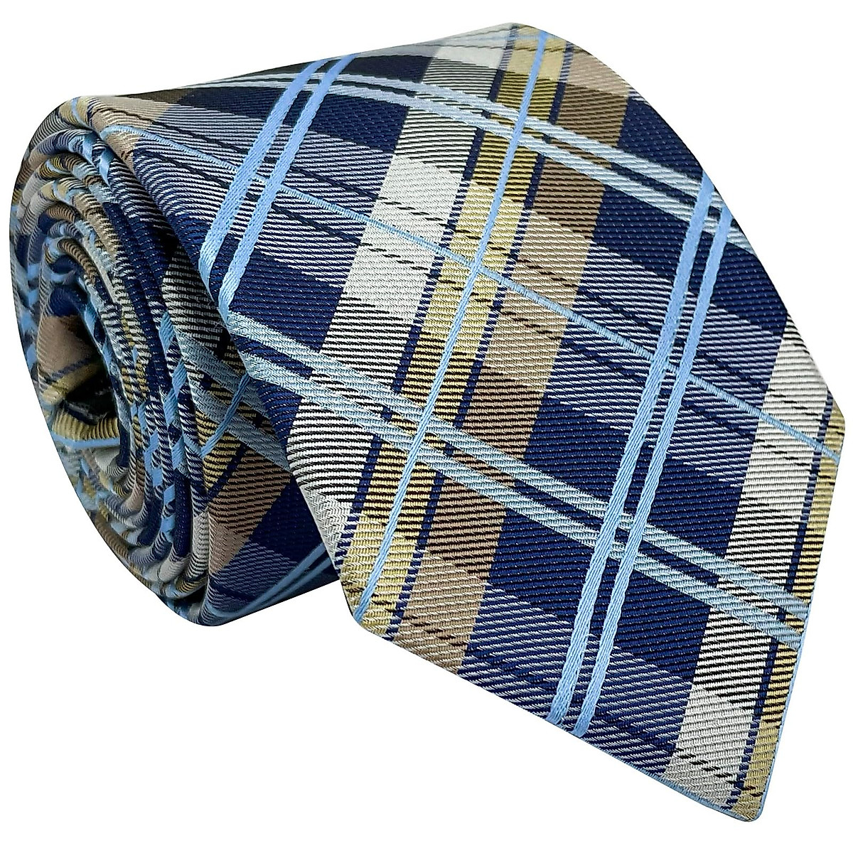 Retreez Elegant Plaid Check Woven Microfiber Men's Tie - Navy Blue and Khaki