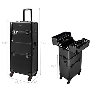 mefeir 2 in 1 Rolling Makeup Train Case, Travel Makeup Organizer Cosmetic Display Case, Aluminum Cosmetology Supply Suitcase on Wheels, Beauty Storage Luggage Lockable w/4 Removable Wheels (Black)