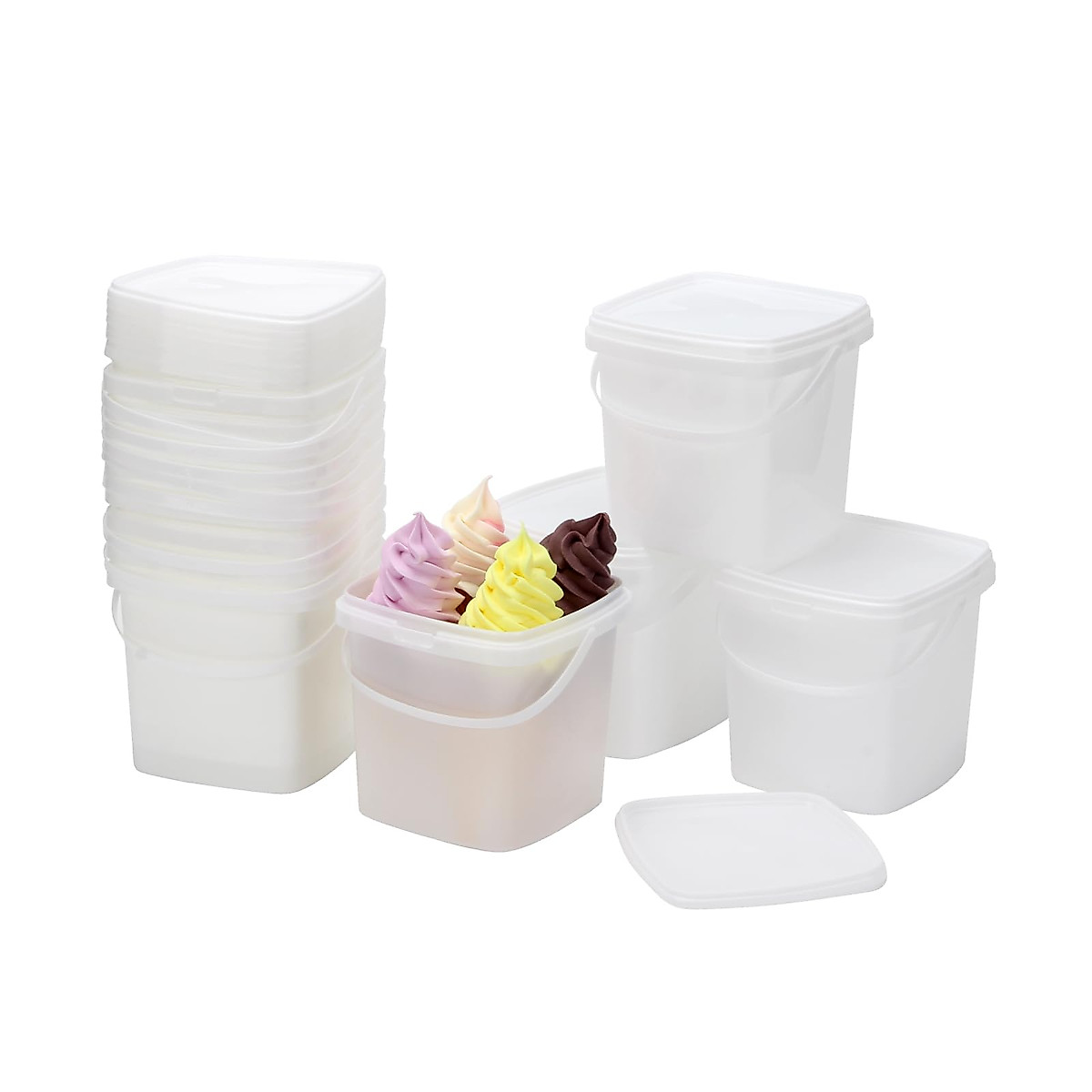 DIICCYO 2L Ice Cream Tub Containers with Lids and Handles, 67 Oz Square Airtight Small Freezer Food Storage Bucket, Plastic Containers Reusable Pail for Home Party Supplies, 12 Pcs