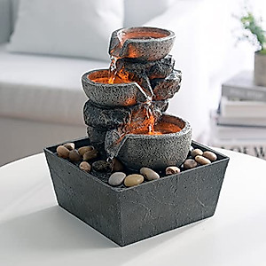 Haobos Decorative Indoor Fountain 3-Bowl Rockery Soothing Sound Tabletop Fountains Home/Office Decor with Led Light/Some Cobblestones(1556A)