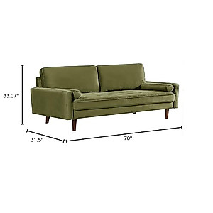 US Pride Furniture Velvet 70" Sofa Couch, Iconic Mid-Century Style Living Room Furniture with Contemporary Silhouette, Button Tufting and Wood Legs, Includes 2 Bolster Pillows, Olive Green