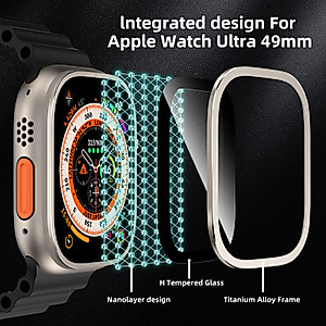 OXWALLEN 2 Pack Metal Case Compatible with Apple Watch Ultra 1/2 49mm Screen Protector with Built-in Tempered Glass, Rugged Frame Clear Film for iWatch Ultra 1/2 49mm, Titanium Color