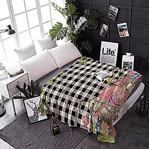 Throw Blanket Bunny Tulip Eggs Easter Blanket Soft Warm Throw Blankets Black Buffalo Plaid Flannel Blankets for Couch Bed Sofa Throw Blanket for Home Spring Holiday Decoration 50" x 60"