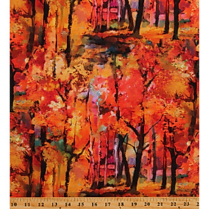 Cotton Fall Autumn Trees Leaves Painting Cotton Fabric Print by The Yard (D511.48)