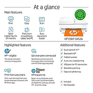 HP Envy 6452e Wireless Inkjet Color All-in-One Printer, Print Copy Scan, 35 Sheet ADF, 2-Side Printing, WiFi USB Connectivity, Instant Ink Ready, Home or Office Inkjet Printers, White (Renewed)