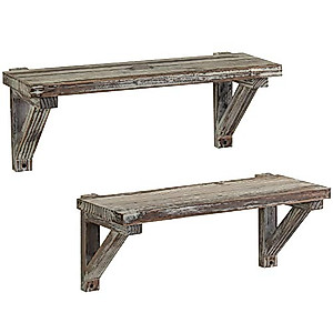 MyGift Wall Mounted Floating Shelves - 16.5 InchTorched Wood Decorative Shelf with Wooden Brackets, Set of 2