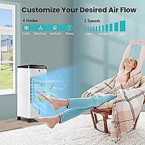 LDAILY 3-in-1 Evaporative Air Cooler, Wide Oscillating Air Cooler w/ 4 Modes, 3 Speeds, 2-12H Timer, Remote Control & 2 Ice Packs, 3.5L Water Tank, Air Cooler for Room Home Office