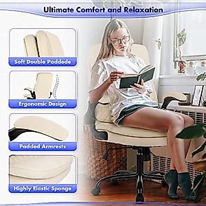 COLAMY Office Chair High Back Executive Computer Chair-Ergonomic Home Office Chair with Padded Flip-up Arms, Adjustable Height and Tilt Lock, Swivel Task Chair with Thick Leather for Comfort, Ivory