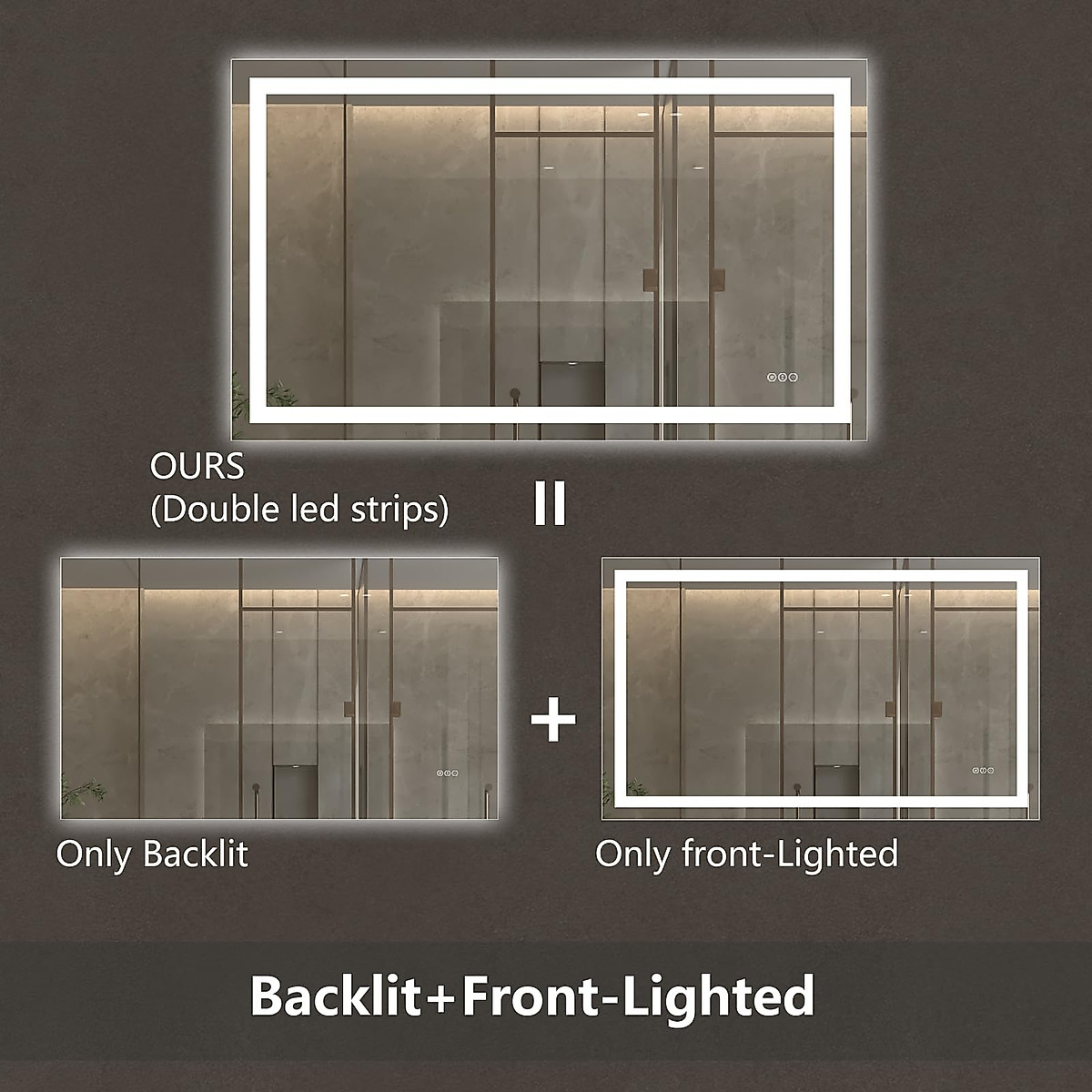 ExBrite 40x24 Inches LED Bathroom Lighted Mirror,Wall Mounted Mirror,Anti Fog,Dimmable,Dual Lighting Mode,Tempered Glass