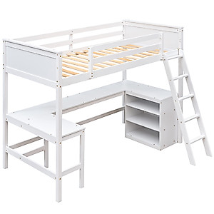 Harper & Bright Designs Twin Loft Bed with Desk and 3 Shelves, Solid Wood Twin Size Loft Bed Frame with Angled Ladder for Kids Teens Boys Girls, No Box Spring Needed (White)