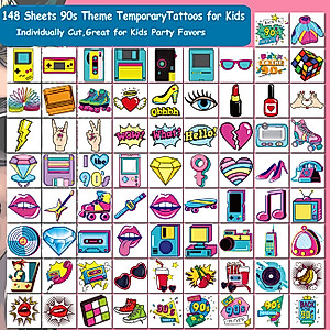 CHARLENT 148 PCS 90s 80s Theme Temporary Tattoos for Kids - Retro Individual Tattoos for Boys Girls 90s Birthday Party Favors Goodie Bag Fillers