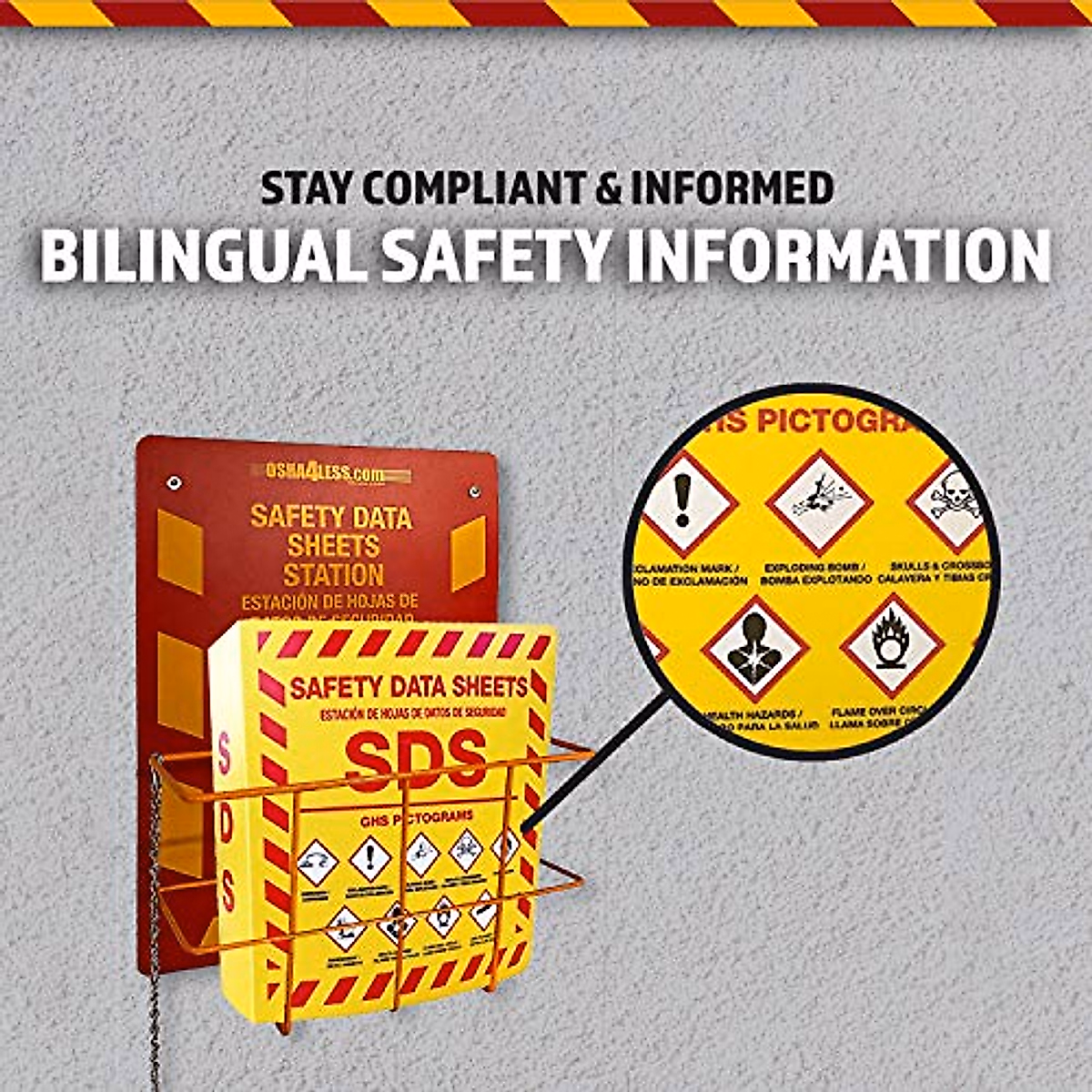 SDS Display Rack and Binder Set -Includes Bilingual Heavy Duty 3-Ring Binder with 3 Inch Capacity Holds Over 700 Sheets, Metal Wire Rack, Highly Visible Wall Mount Station, Detachable Chain and Hook, Mounting Hardware with Instructions